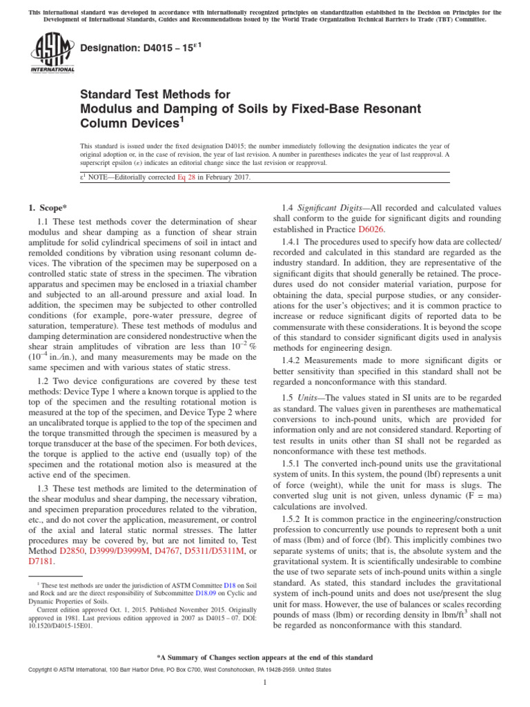 D 4015 - 15e1 - Resonant Column | PDF | Stress (Mechanics) | Resonance