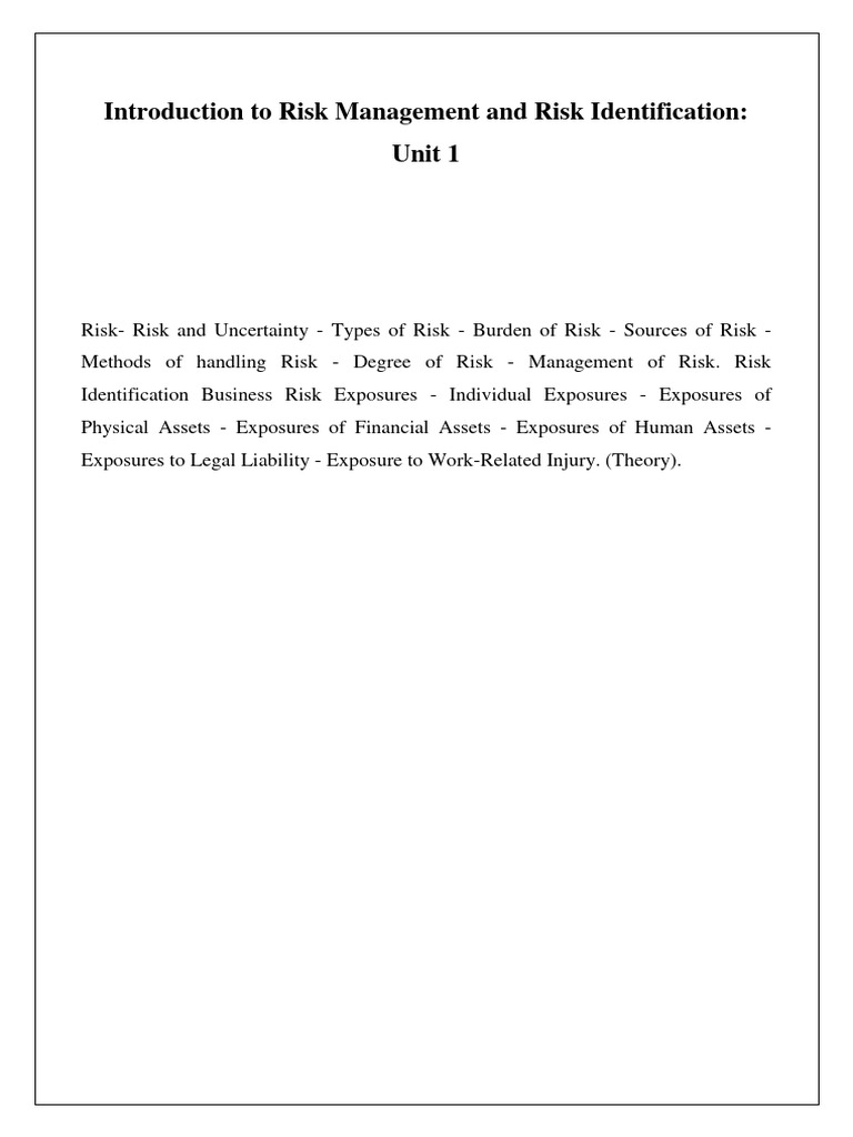 RMI - Introduction To Risk Management and Risk Identification Unit One Study Material | PDF ...
