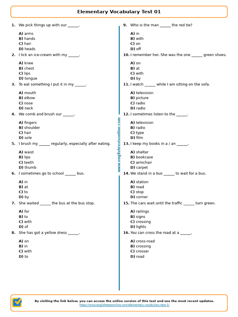 1614 - Elementary Vocabulary Test 01 | PDF