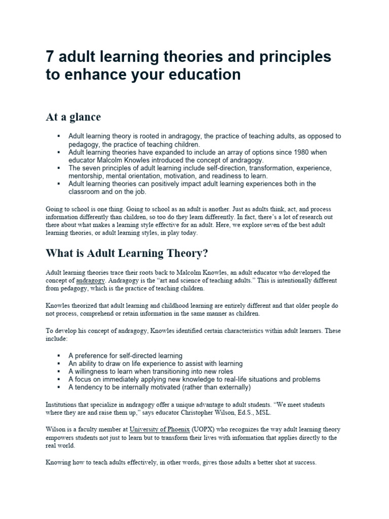 Adult Learning | PDF | Adult Education | Learning Theory (Education)