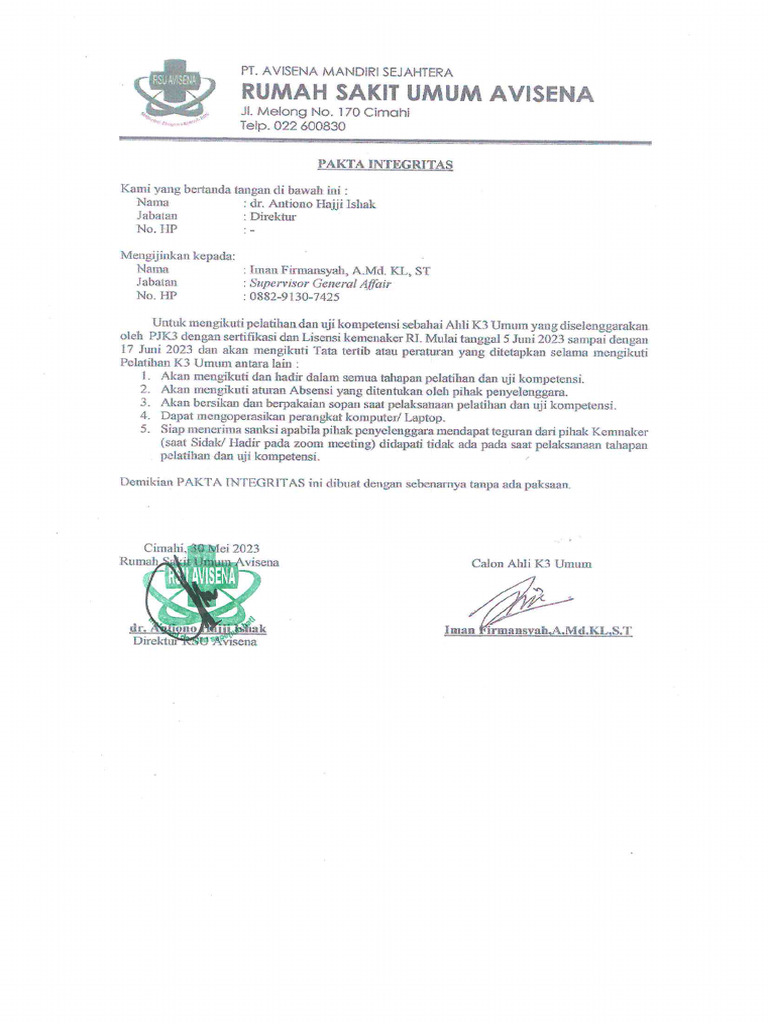 Pakta Integritas Iman Firmansyah | PDF