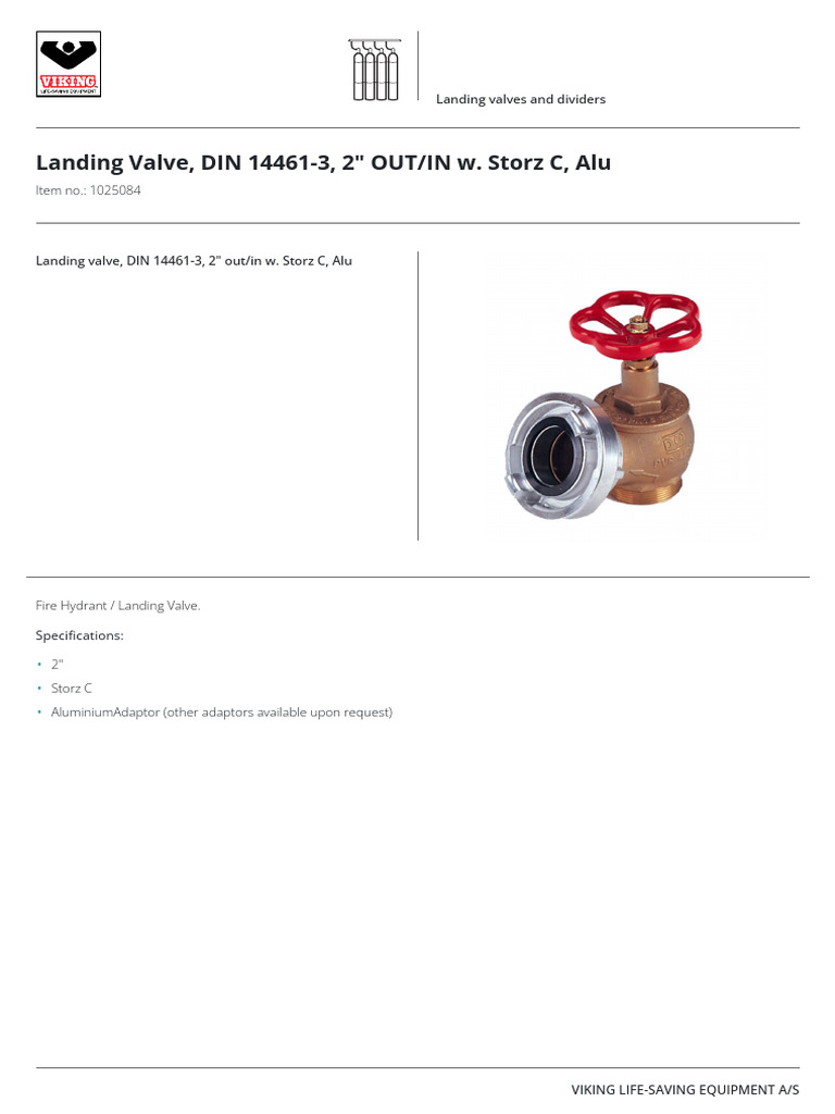 Landing Valve, DIN 14461-3, 2 - OUT - IN W. Storz C, Alu | PDF