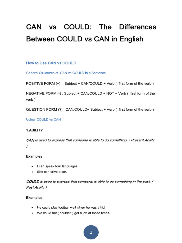 CAN Vs COULD | PDF | Verb | Subject (Grammar)