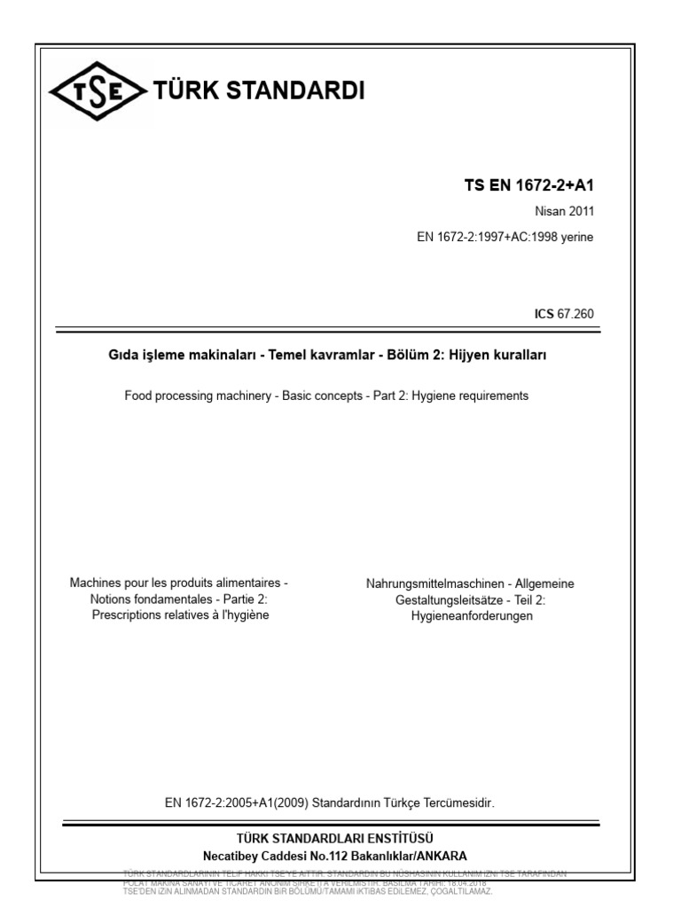 Türk Standardi: TS EN 1672-2+A1 | PDF