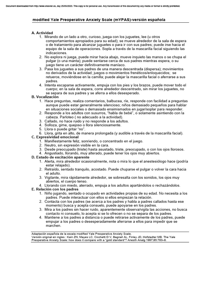 Adaptación de la escala mYPAS en español | PDF