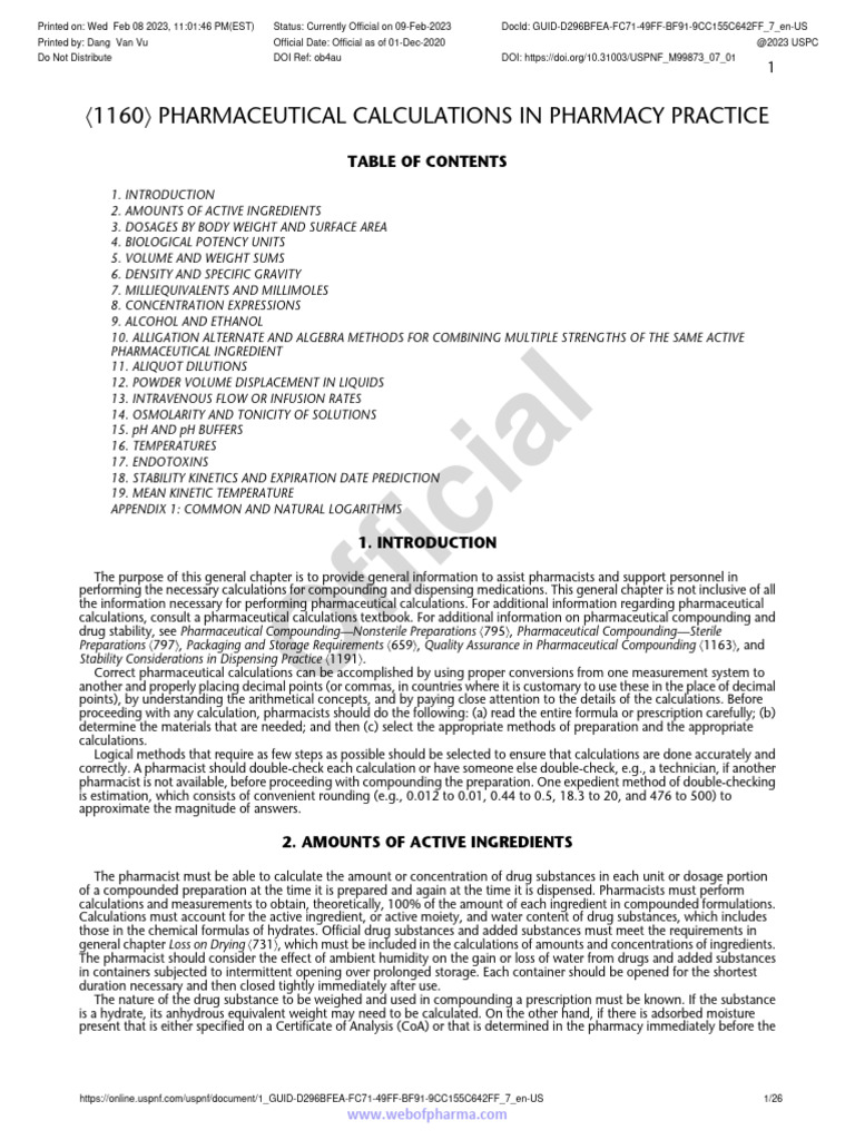 〈1160〉 Pharmaceutical Calculations in Pharmacy Practice | Download Free ...