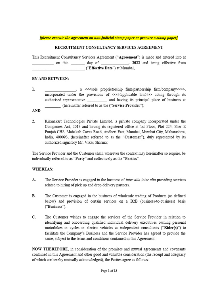Recruitment Consultancy Agreement For Rider - Zepto - Sourcing Model | Download Free PDF | Legal ...