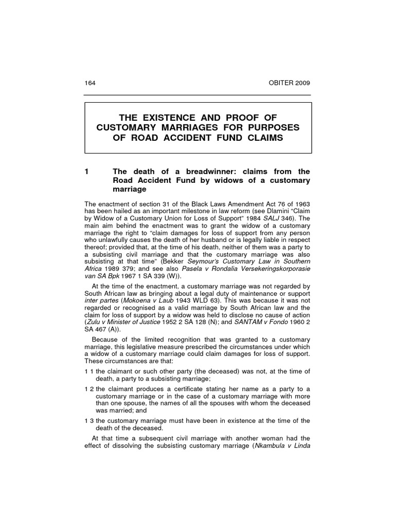 The Existence and Proof of Customary Marriages For Purposes of Road ...