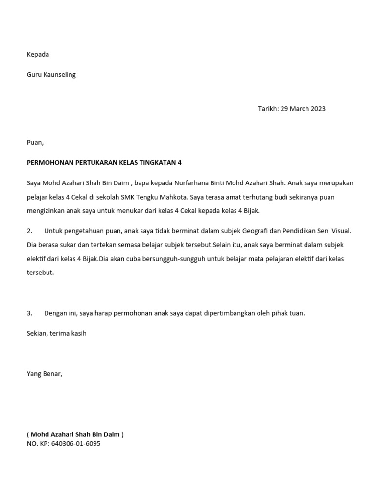 Contoh Surat Pertukaran Kelas | PDF