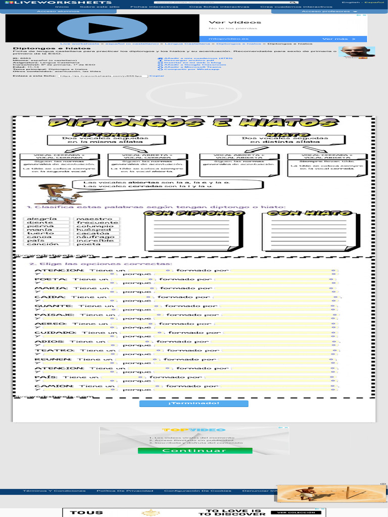 Ejercicio de Diptongos e Hiatos | PDF