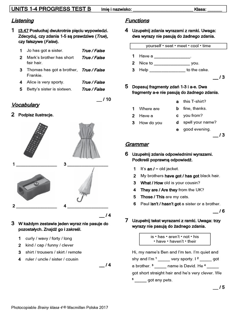Brainy kl4 Progress Test 1-4 B | PDF