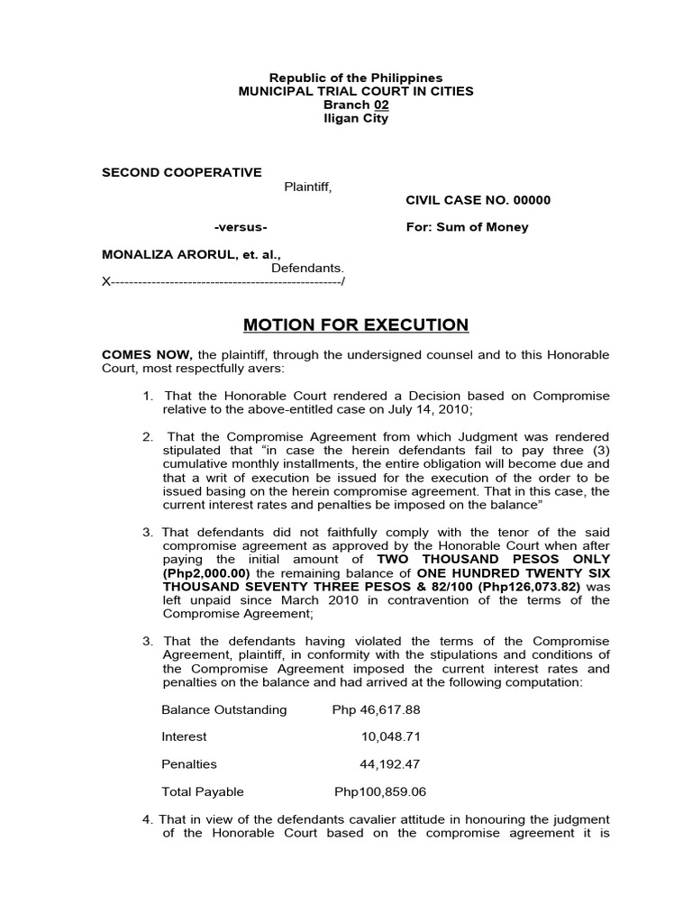 MOTION For Execution Arorul | Download Free PDF | Lawsuit | Separation ...