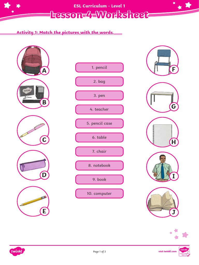 LEVEL 1 Lesson-4-Worksheet - Ver - 3 | PDF | Stationery | Writing ...