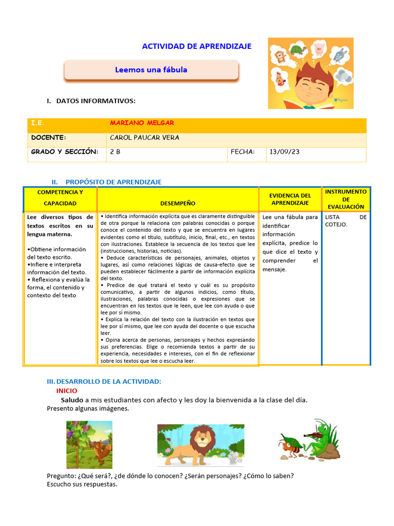 D1 A1 SESION Leemos Una Fábula | PDF | Evaluación | Aprendizaje