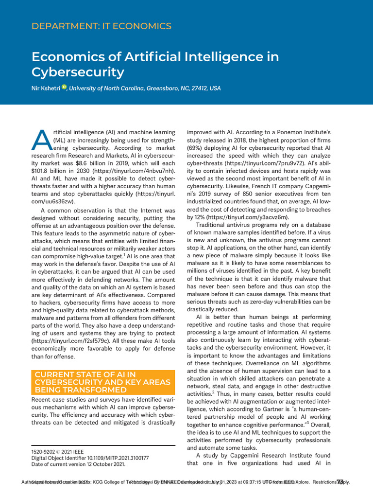 Economics of Artificial Intelligence in Cybersecurity | PDF | Security ...