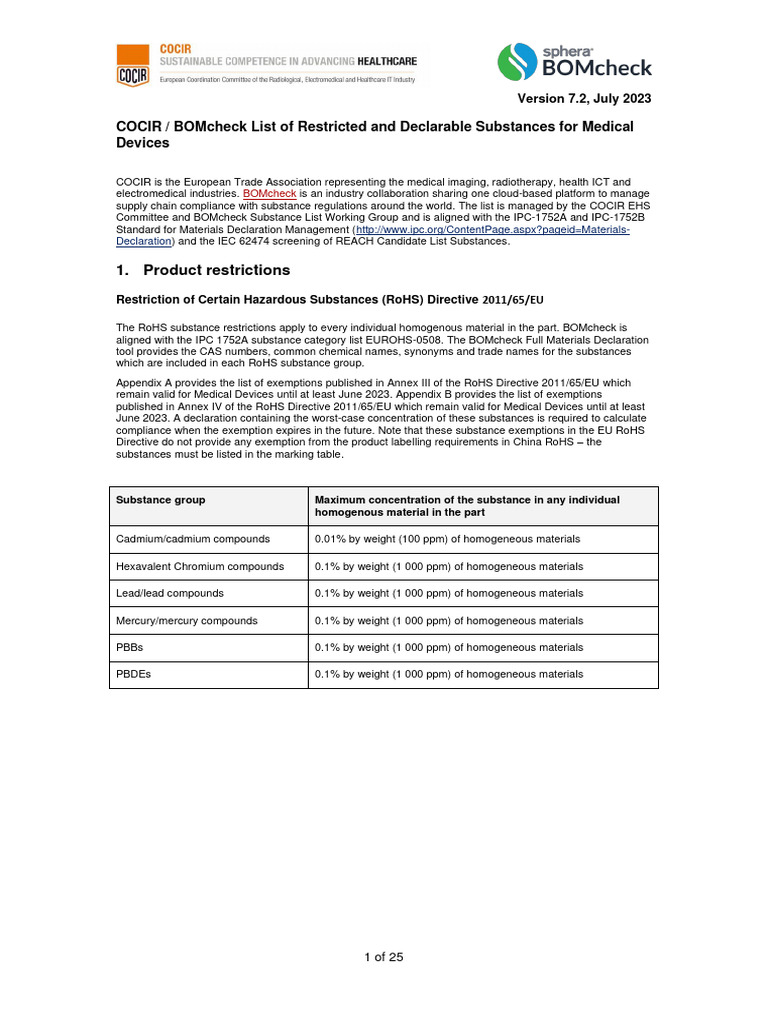 COCIR BOMcheck Restricted Substances List | PDF | Physical Sciences ...