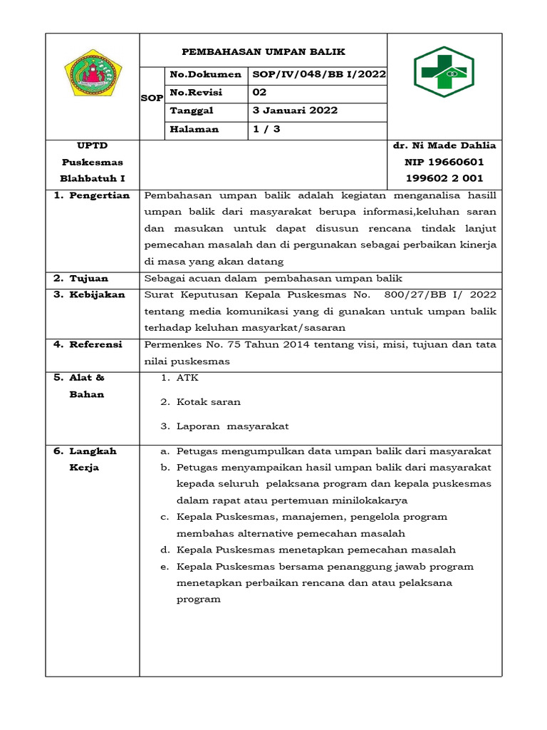 Sop Pengelolaan Umpan Balik | PDF