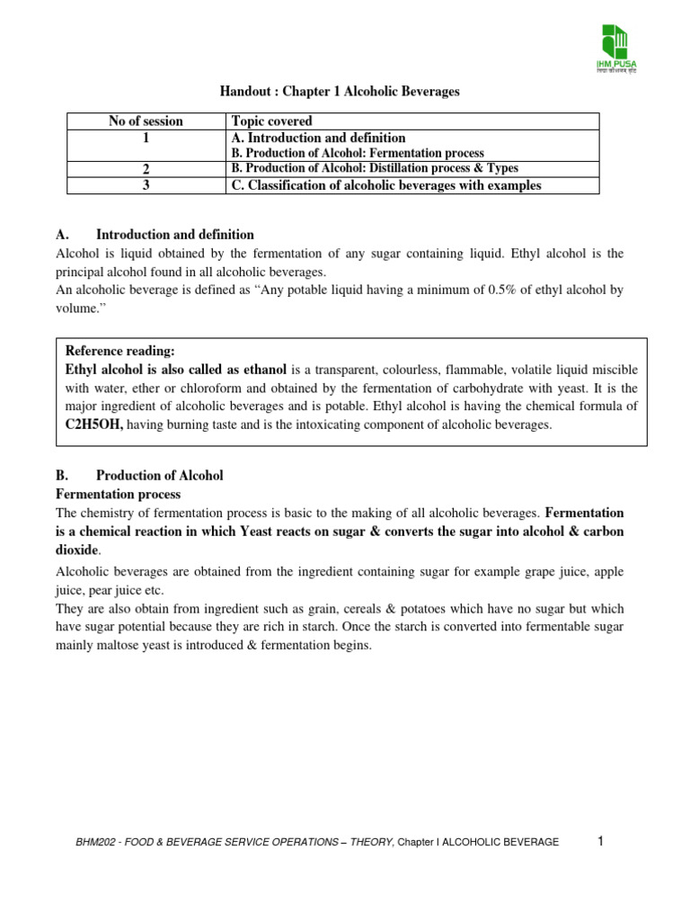 Food and Beverage Chapter I Handout | PDF | Alcoholic Beverages | Beer