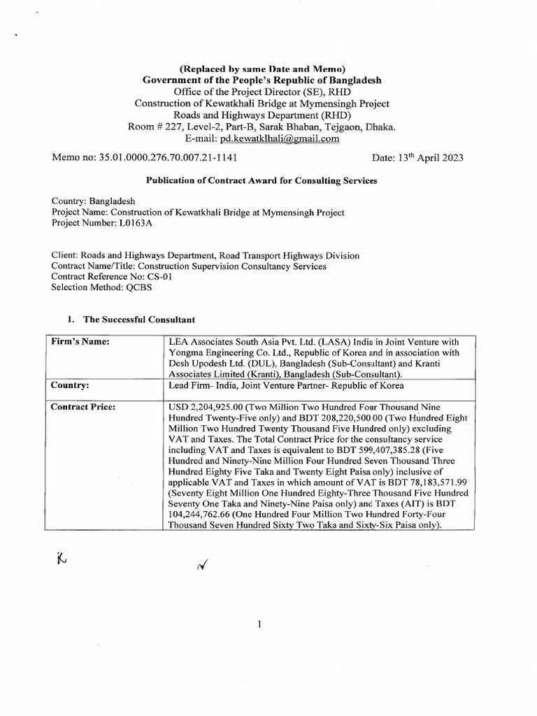 Publication of Contract Award For Consulting Services | PDF