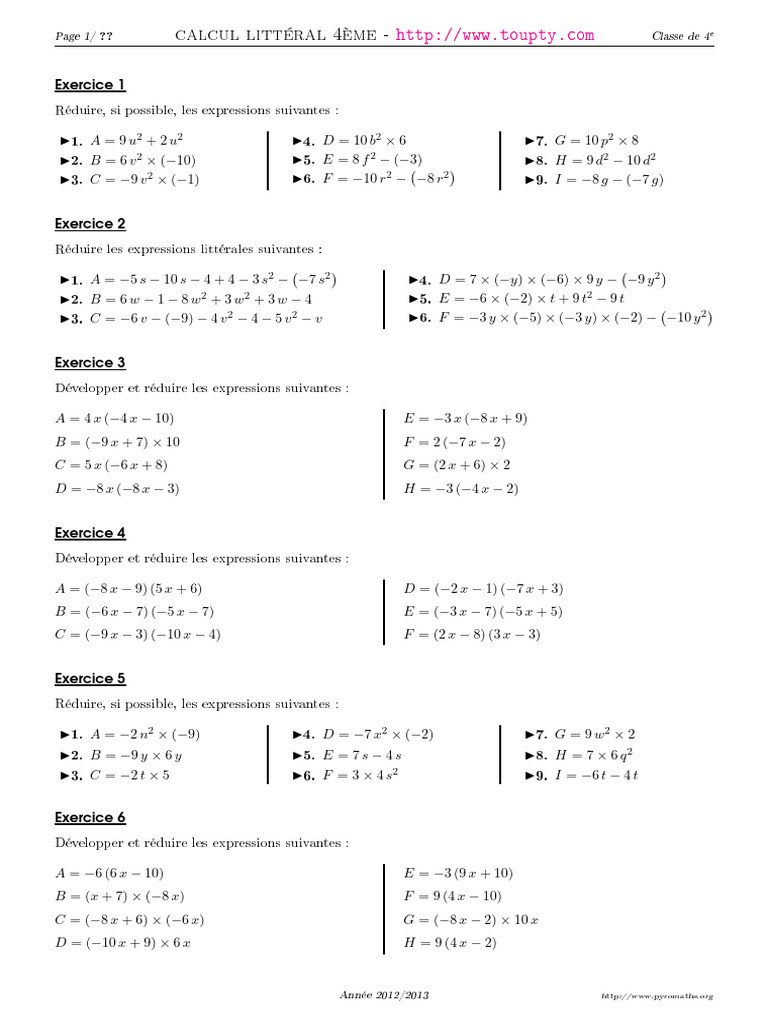 Exercices de calcul littéral 4ème | PDF | Théorie (échecs) | Échecs