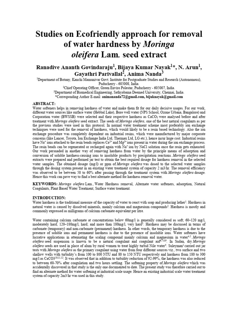 Studies On Ecofriendly Approach For Removal of Water Hardness by Moringa Oleifera Lam. Seed ...