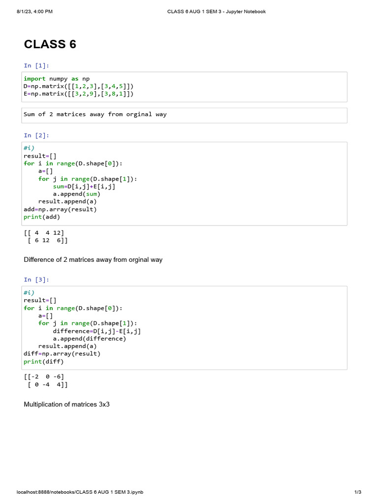 CLASS 6 AUG 1 SEM 3 - Jupyter Notebook | PDF | Matrix (Mathematics) | Numerical Analysis