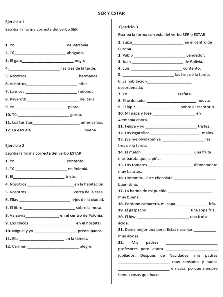 Tema 4A. Ejercicios SER y ESTAR | PDF