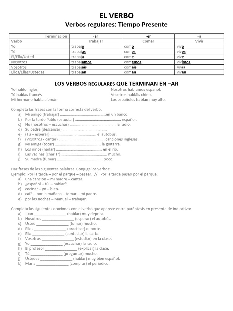 Tema 6A. El Verbo. Presente Simple Indicativo | PDF | Verbo | Lengua ...