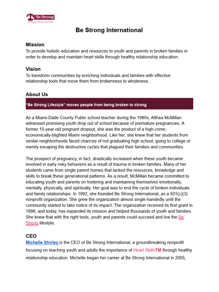 Be Strong International PDF | PDF | Miami Dade County | Psychology