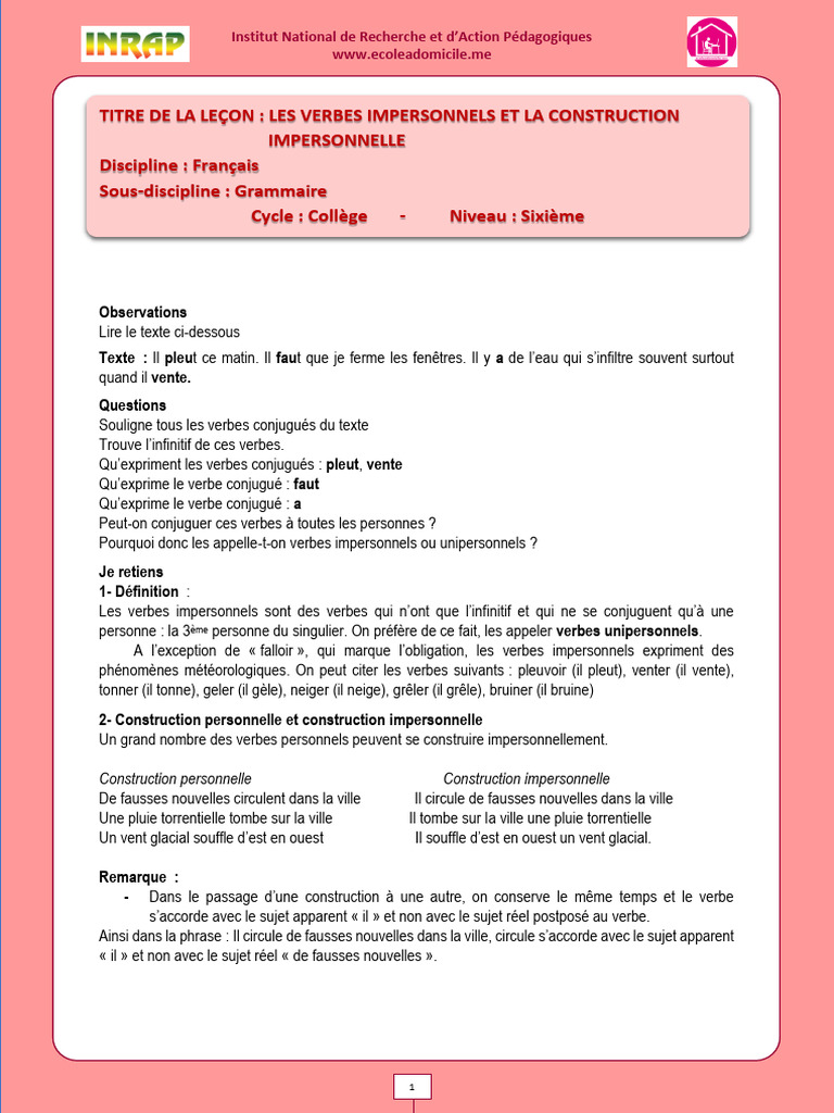 Franc-Les Verbes Impersonnels Et La Construction Impersonnelle | PDF ...