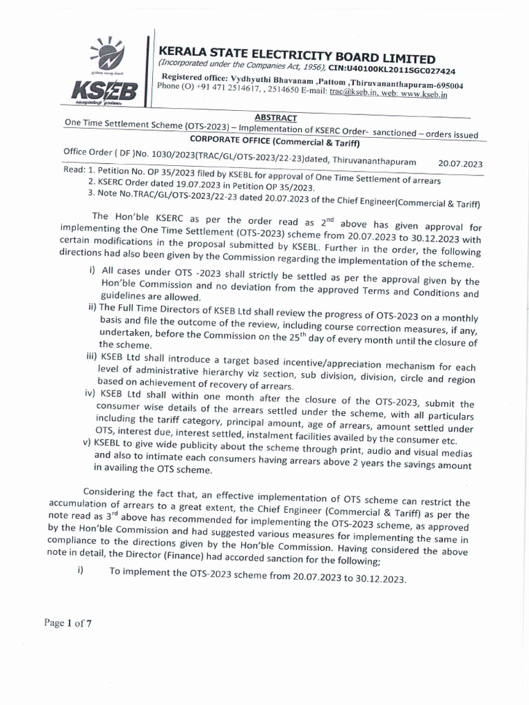 Kseb Ots Scheme Guidlinespdf - 230801 - 205815 | PDF