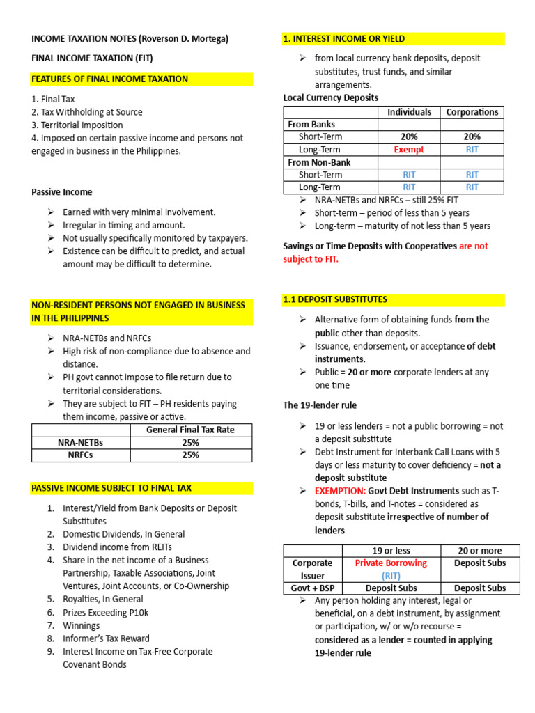 INCTAX Final Income Taxation Rob Notes | PDF | Dividend | Taxes