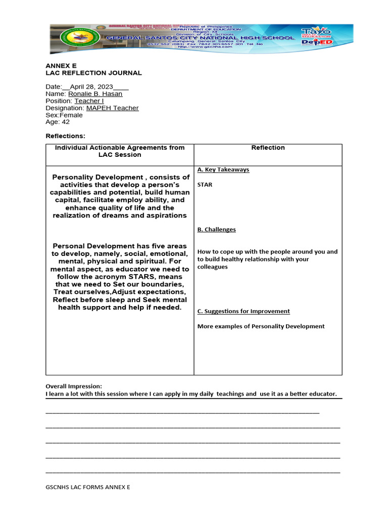 Annex e Lac Reflection Journal | PDF | Career & Growth