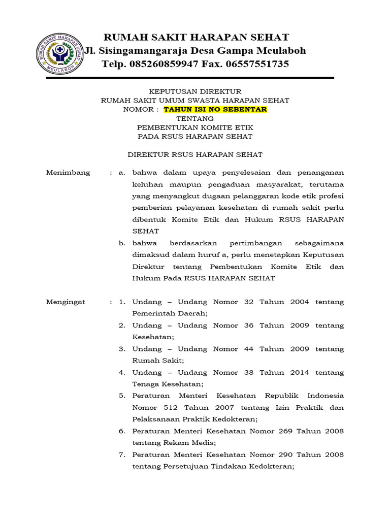 Pembentukan Komite Etik RS Harapan Sehat | PDF