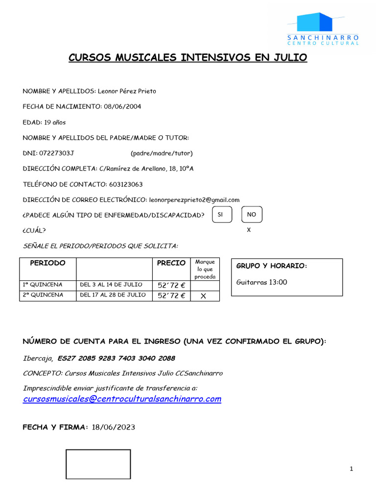 Cursos Musicales INTENSIVOS Julio 2023 Formulario de Inscripción | PDF