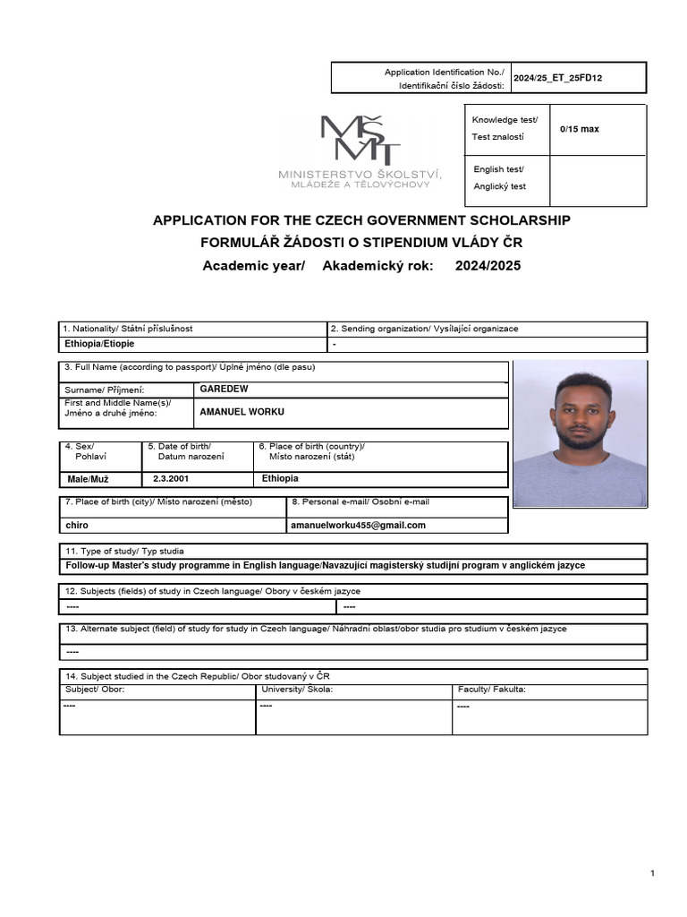 Application For The Czech Government Scholarship Formulář Žádosti O Stipendium Vlády ČR Academic ...
