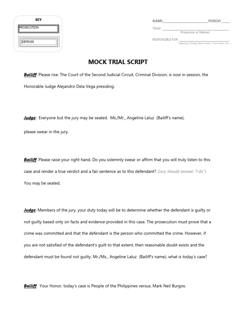 Mock Trial Script: Prosecution vs. Defense | PDF