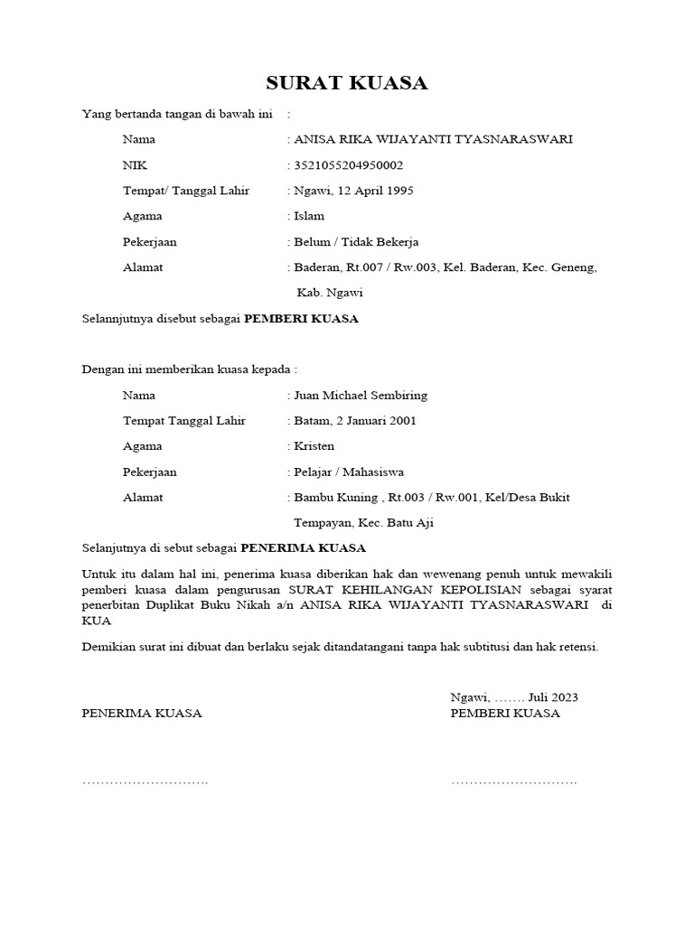 Surat Kuasa Buku Nikah | PDF