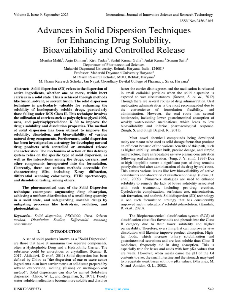 Advances in Solid Dispersion Techniques For Enhancing Drug Solubility, Bioavailability and ...