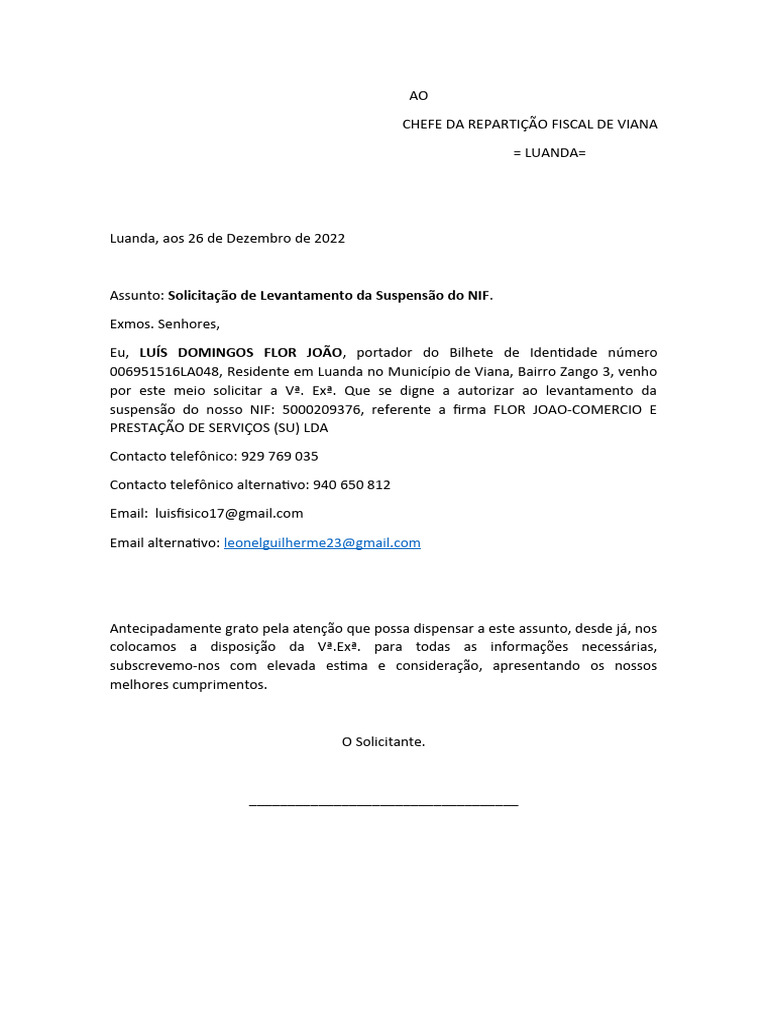 Carta de Levantamento Do Nif PDF | PDF