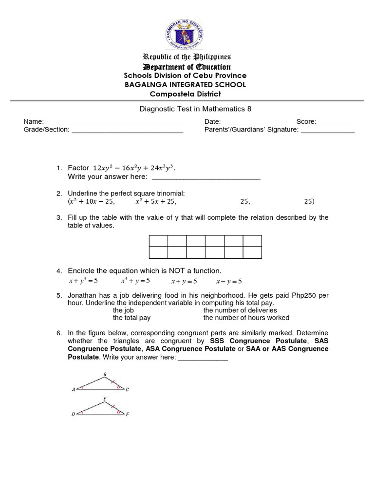 Math 8 Diagnostic Test - Bagalnga School | PDF | Mathematics ...
