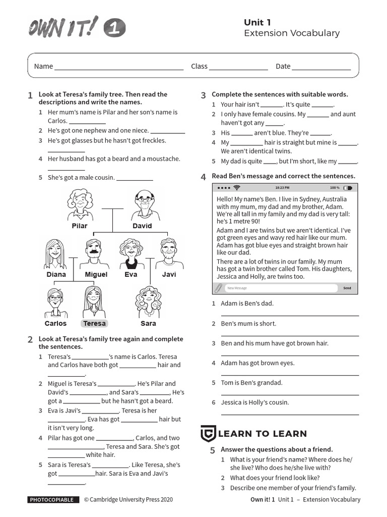 OWN IT 1 - Vocabulary - Extension - Unit1 - Without - Answers | PDF