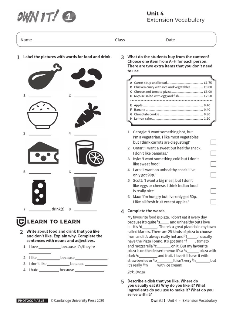 Own It! 1 Unit 4 Vocabulary Exercises | PDF | Pizza | Indian Cuisine
