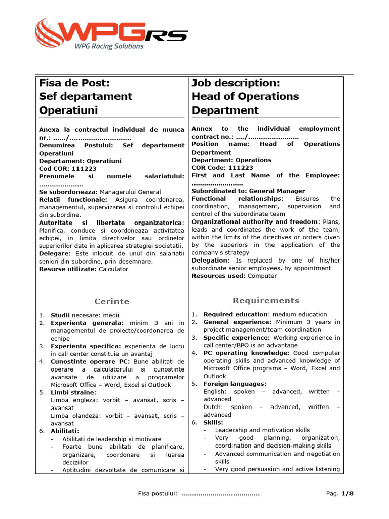 Fisa Postului - Sef Departament - RO - EN | PDF | Occupational Safety ...