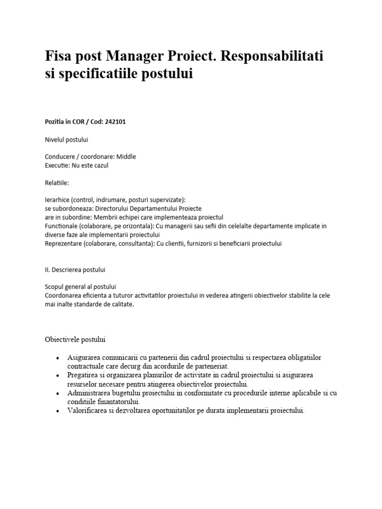 Fisa Post Manager Proiect | PDF