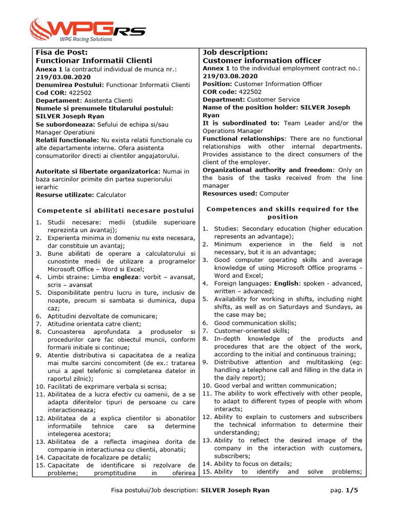 Fisa postului - Functionar informatii clienti -WPGRS_ro-en | PDF ...