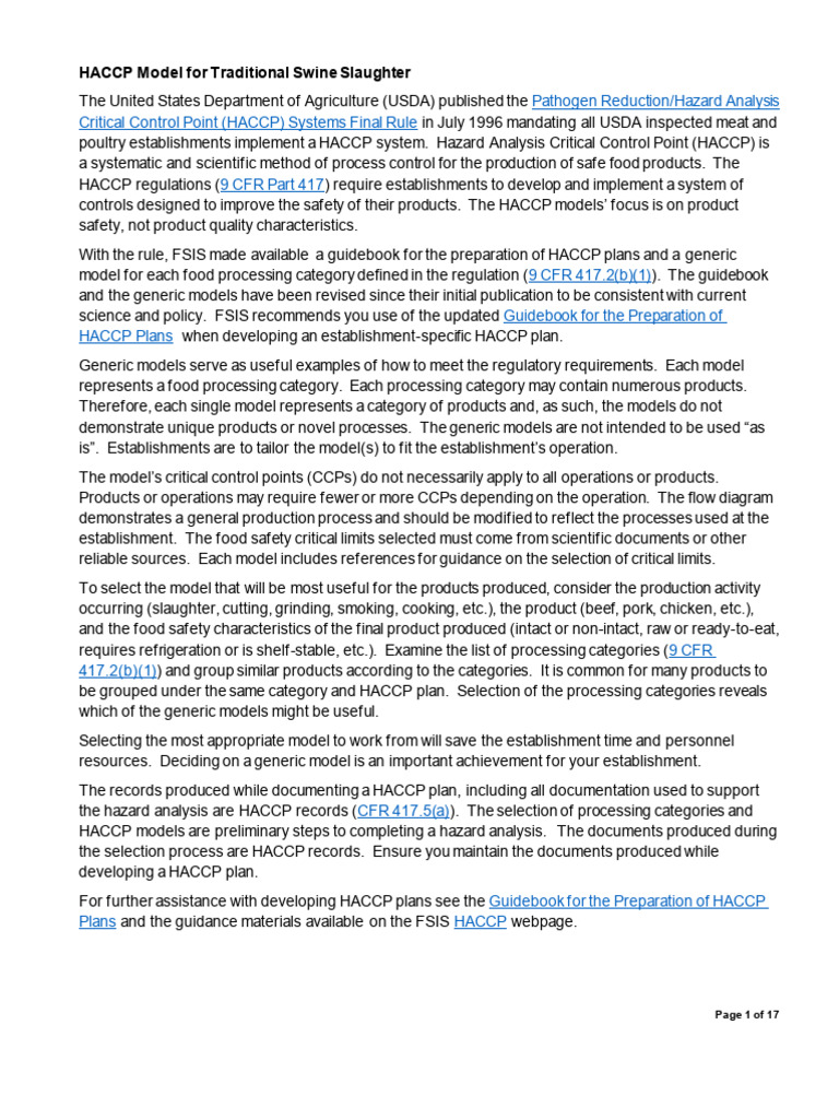 HACCP Model For Traditional Swine Slaughter | PDF | Hazard Analysis And ...