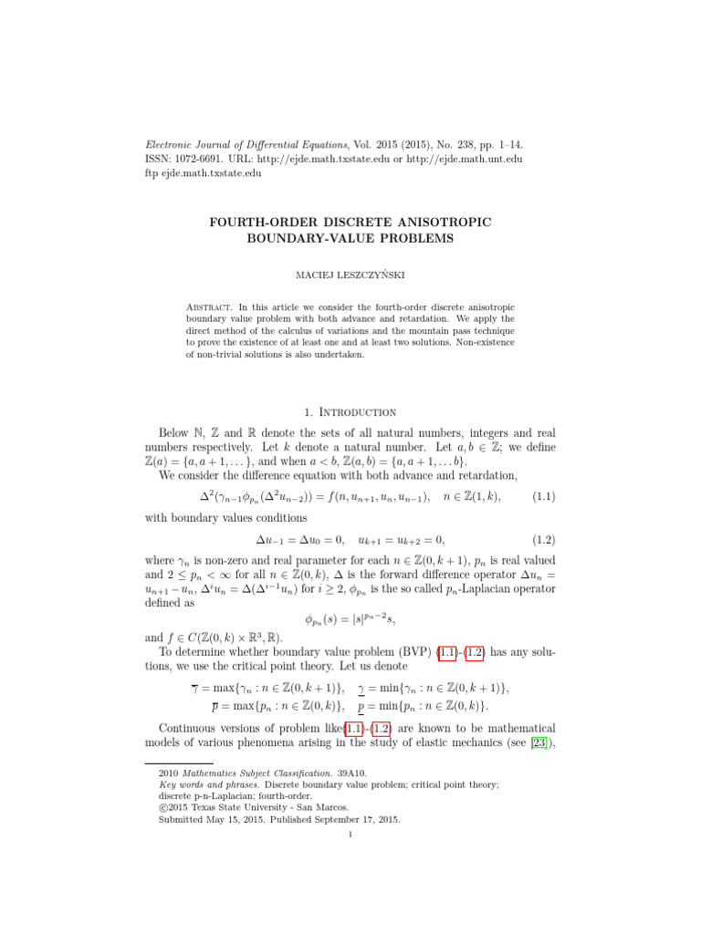 Fourth Order Discrete Anisotropic Boundary Value P Pdf Calculus Of Variations Nonlinear System