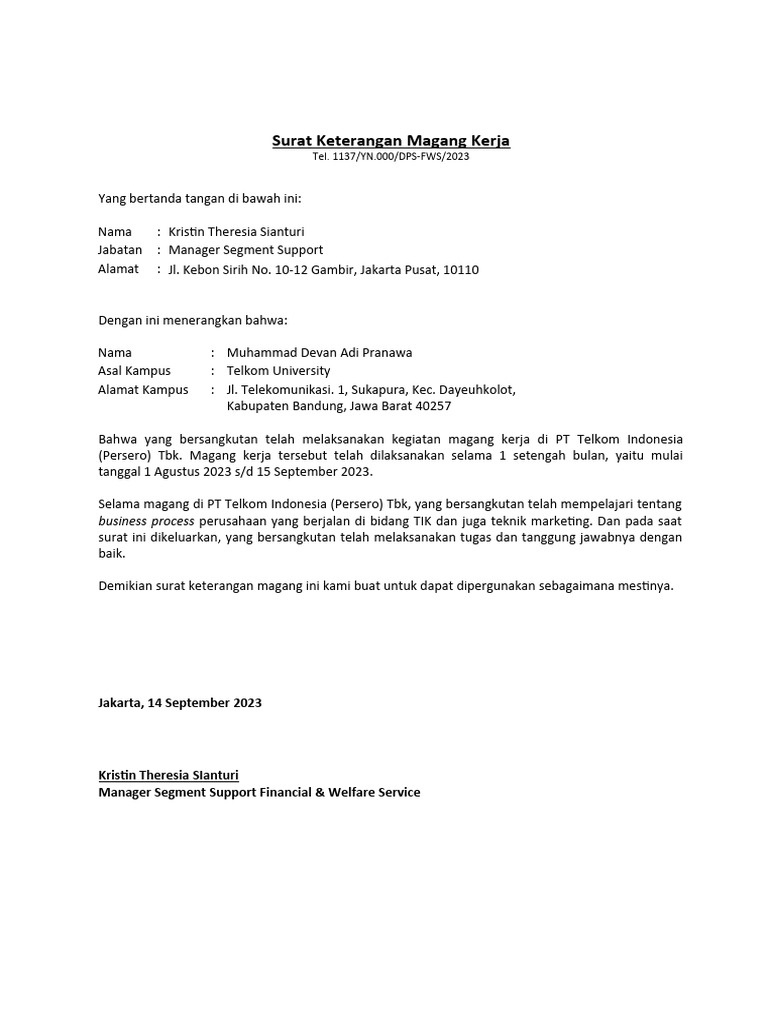 Surat Keterangan Magang Devan PT Telkom | PDF