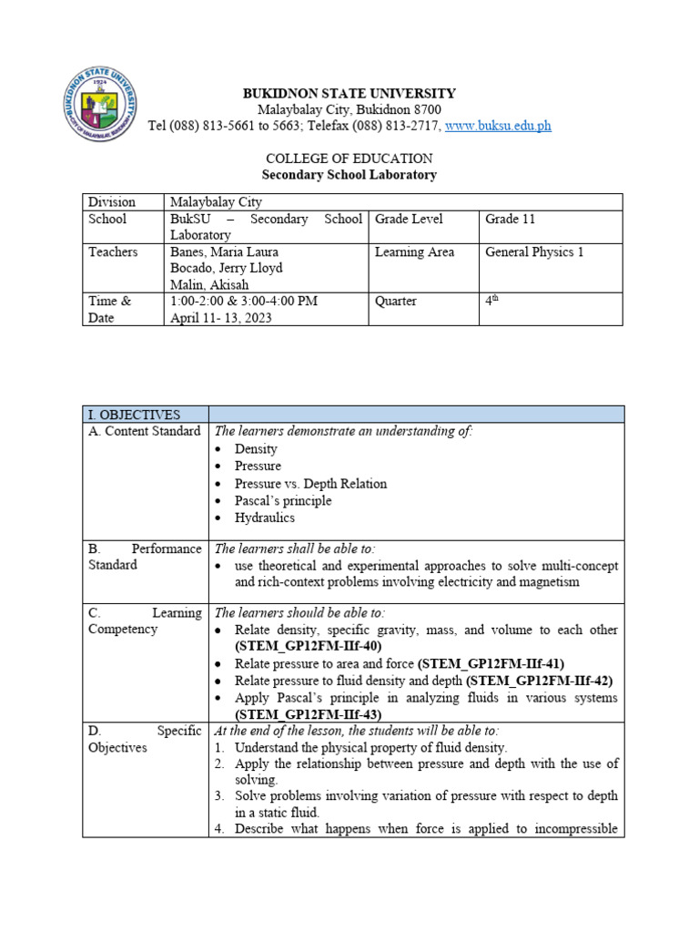 G11 - LP Fluid Mechanics | PDF | Pressure | Force